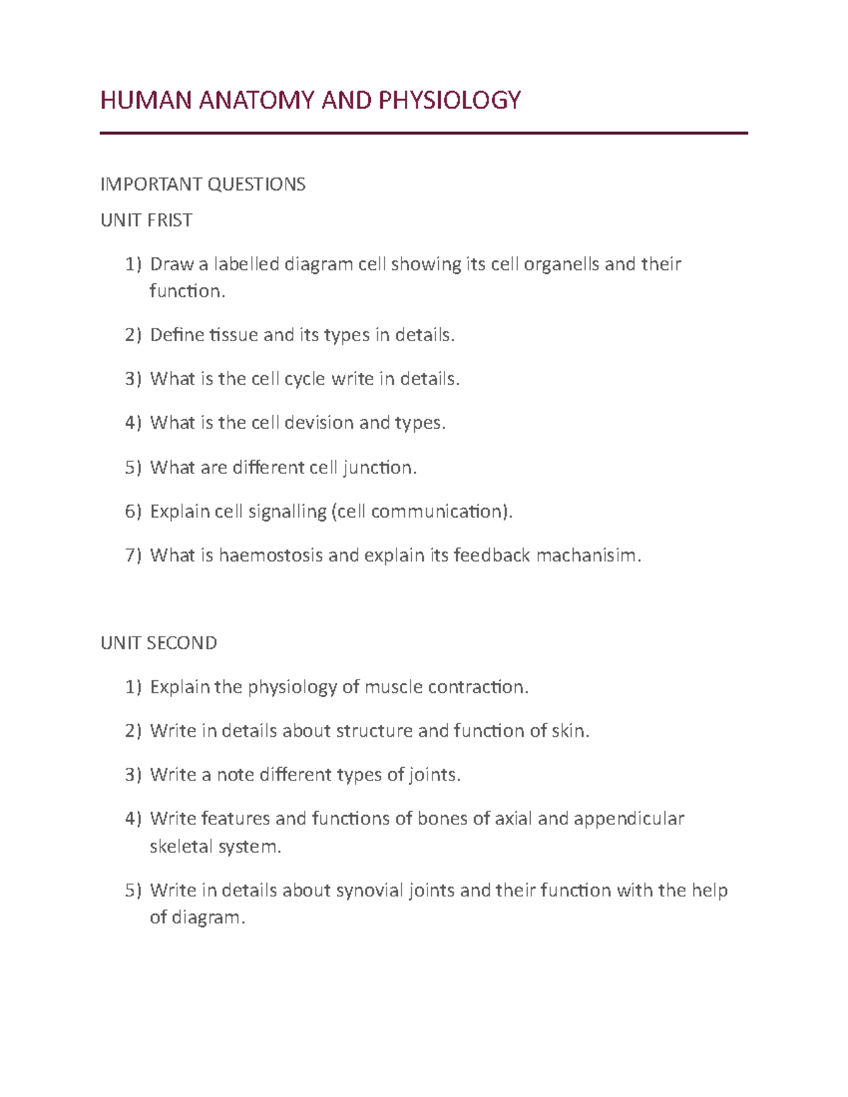 HUMAN ANATOMY AND PHYSIOLOGY Important Questions for Exam Review - Studocu