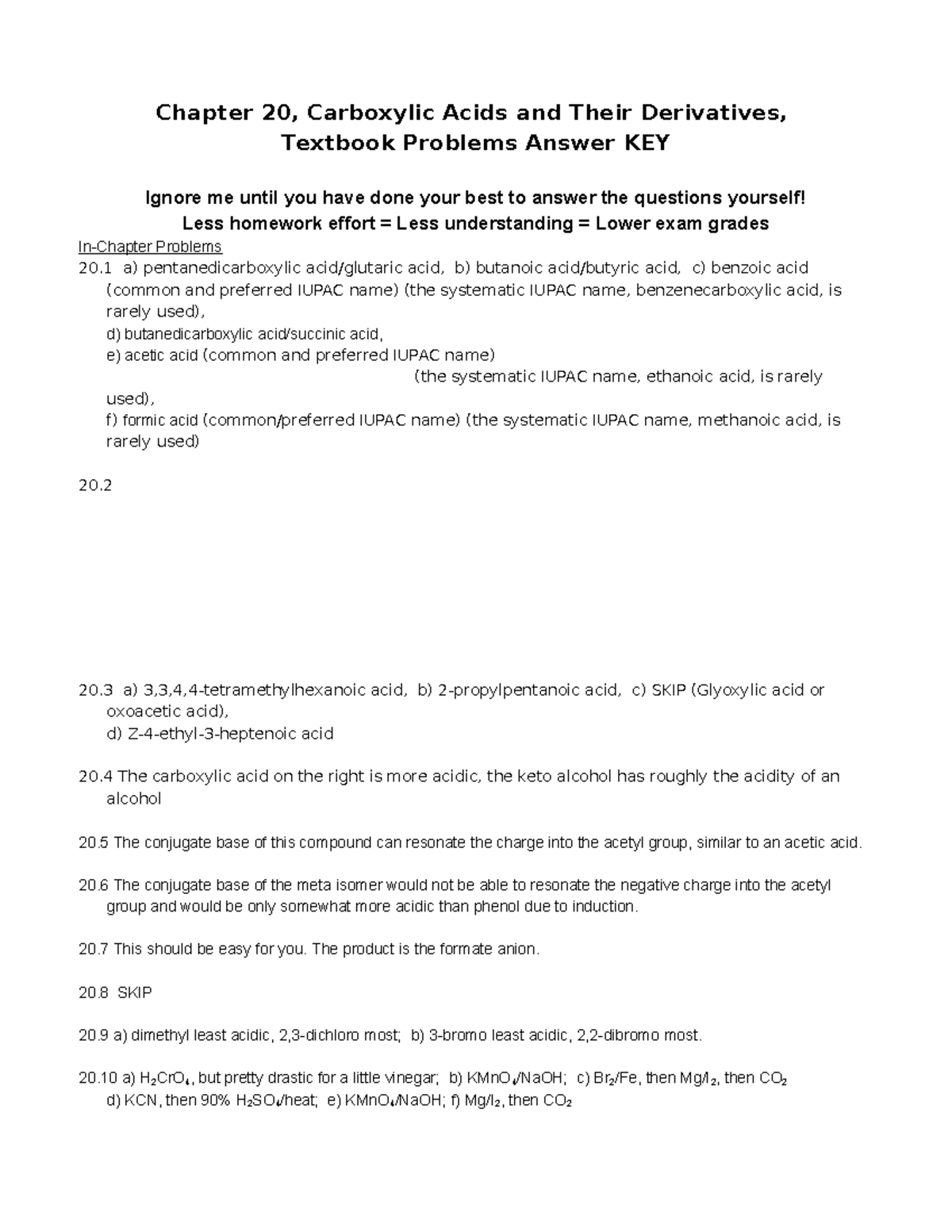 CHEM 224 Chapter 20: Carboxylic Acids & Derivatives Problem Solutions ...
