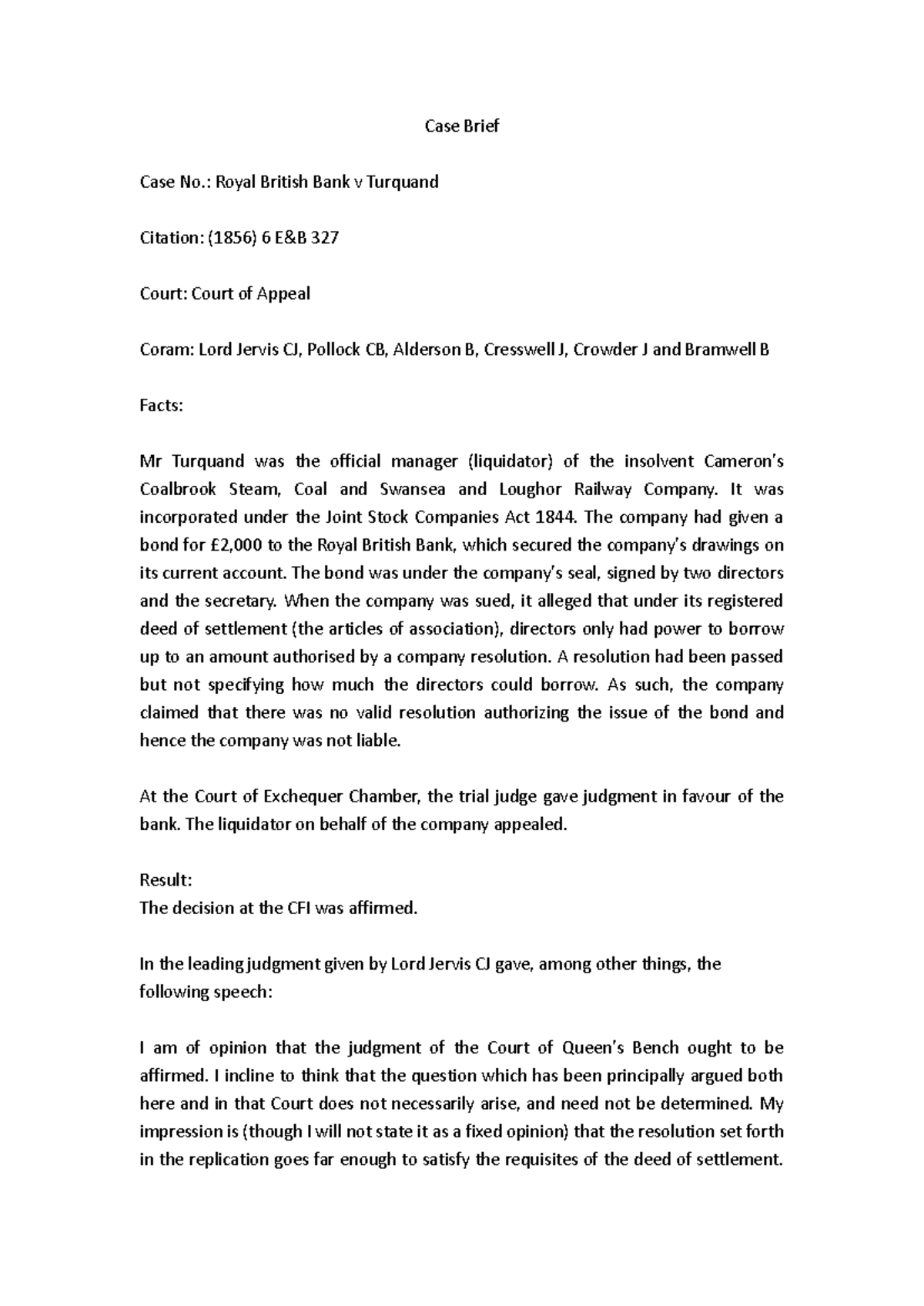 Case Brief - Royal British Bank v Turquand (1856) Analysis ...