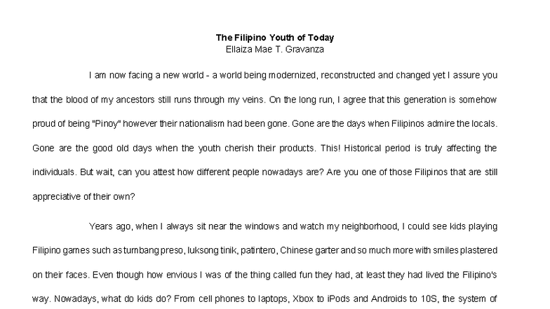 English Speeches: Reflections on Filipino Youth and Values - Studocu