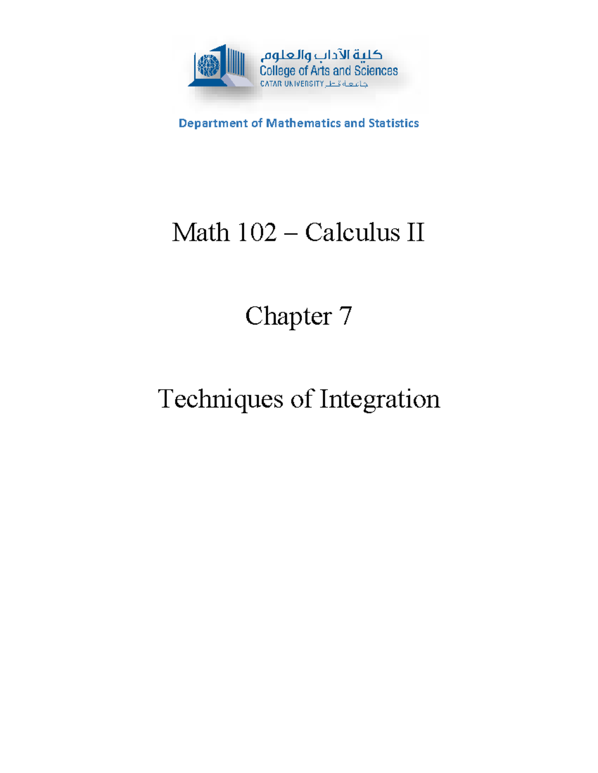 Math 102 Calculus II Chapter 7: Techniques of Integration Summary - Studocu