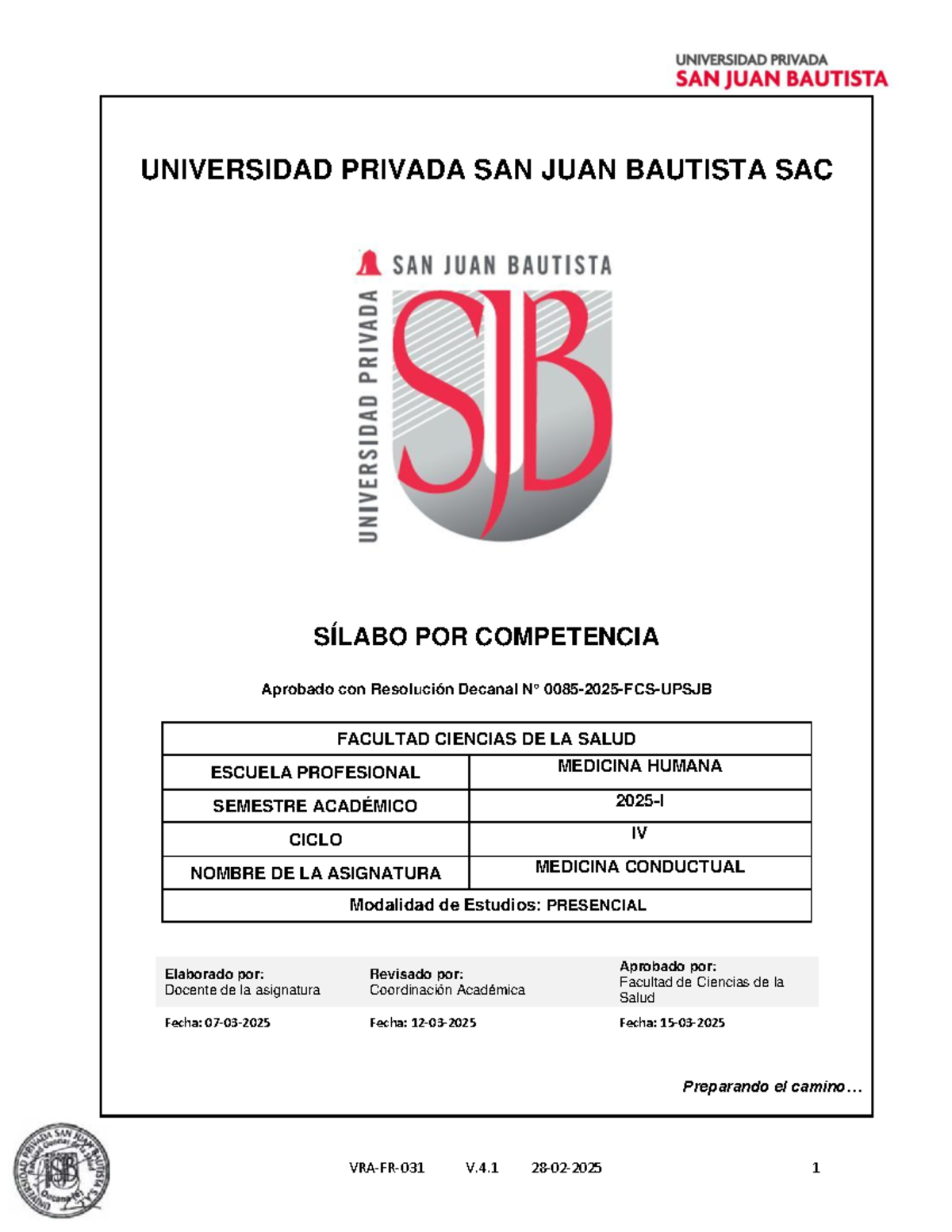 Sílabo de Medicina Conductual 2025-I 260101 - Facultad de Ciencias de ...