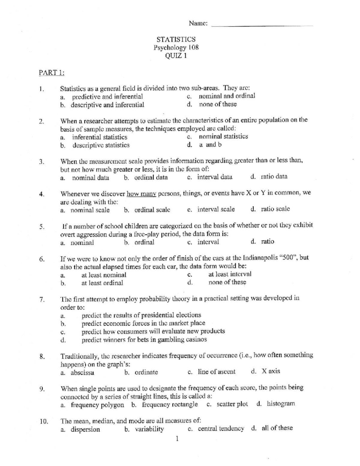 Psychology 108 Statistics Quiz 1: Key Concepts & Questions - Studocu