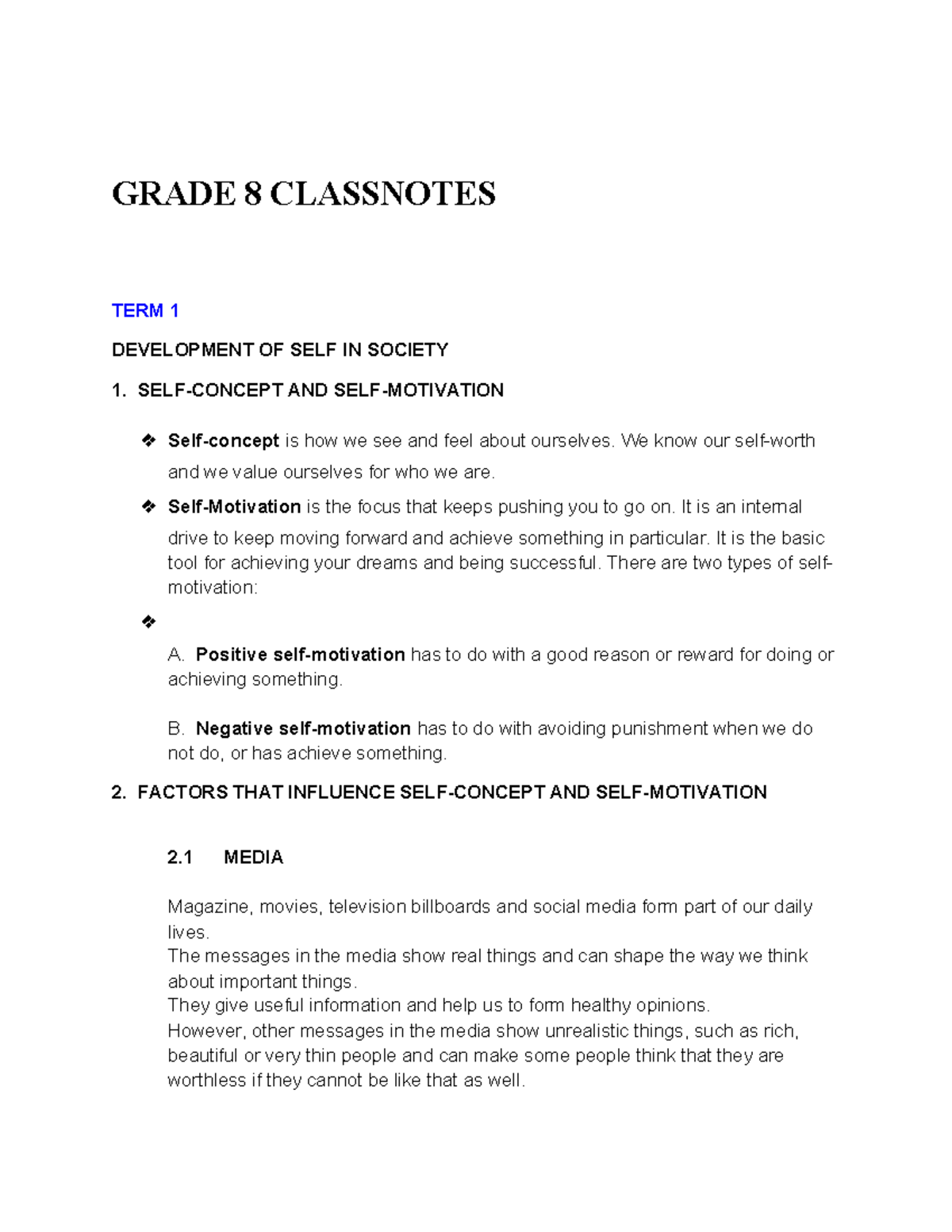 GRADE 8 CLASS NOTES TERM 1: SELF DEVELOPMENT IN SOCIETY - Studocu