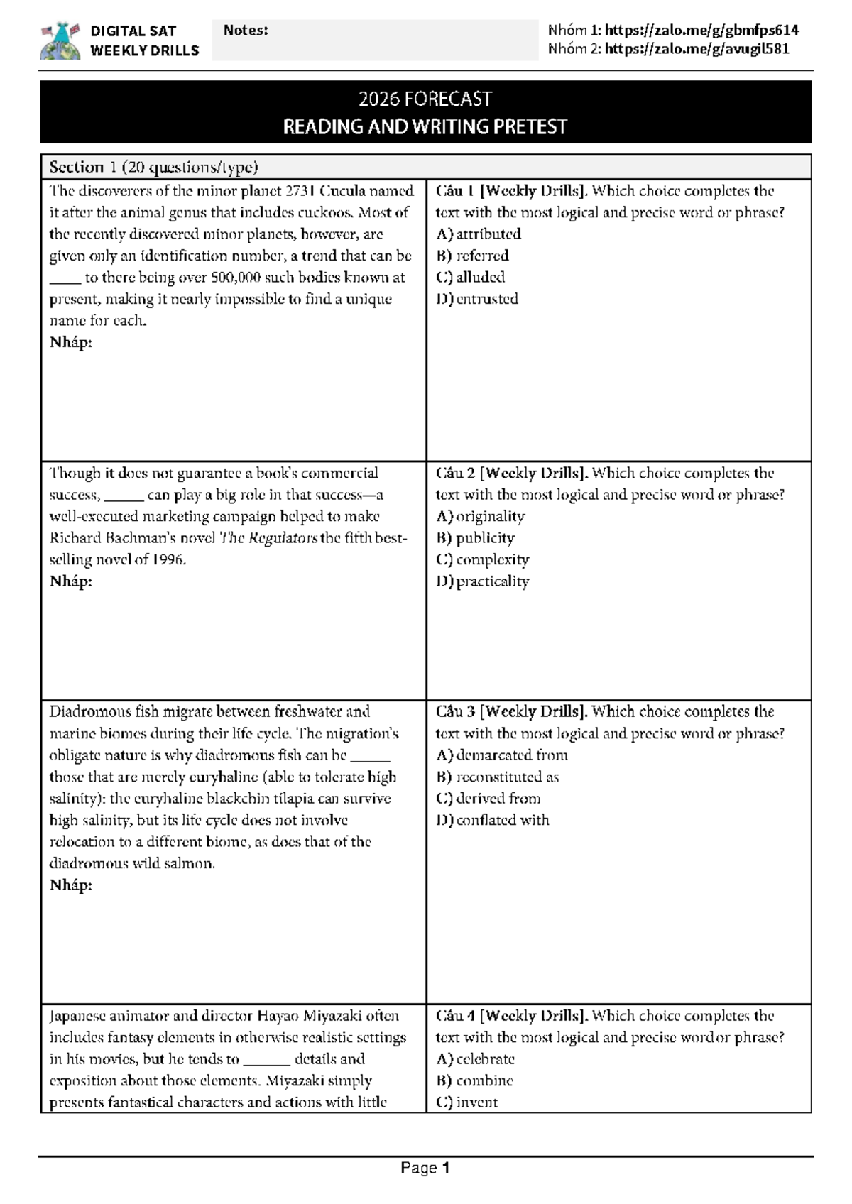 DIGITAL SAT WEEKLY DRILLS: Reading & Writing Practice - Studocu