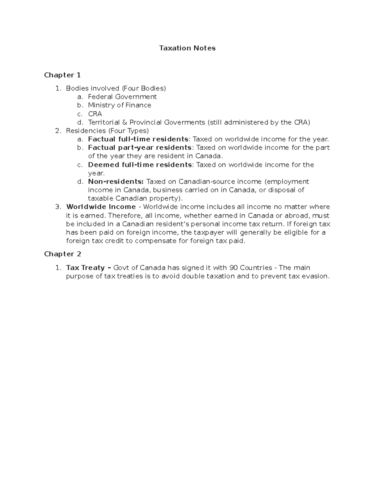 Taxation Notes: Chapter 1 & 2 Overview on Tax Bodies and Income - Studocu