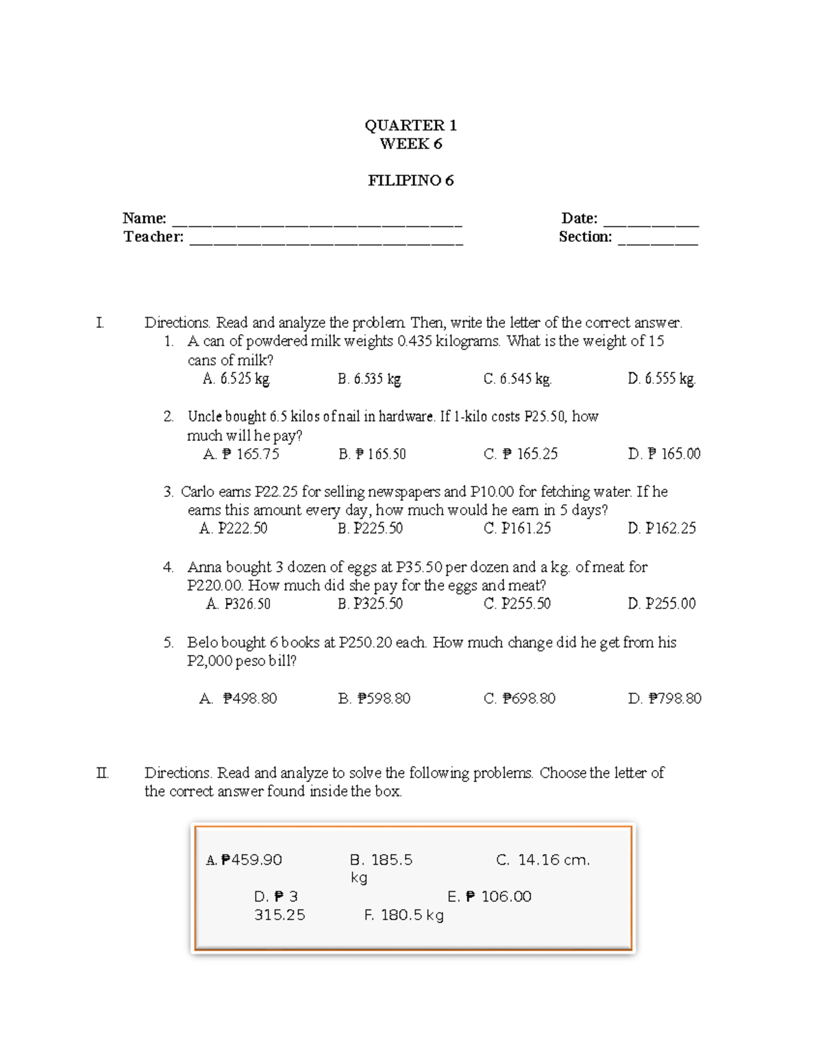 MATH 6 SUM TEST WEEK 6 - PROBLEM SOLVING QUESTIONS - Studocu