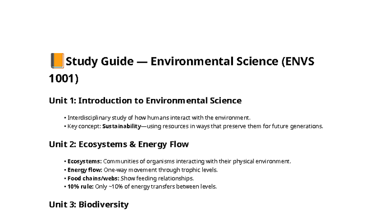 Environmental Science Study Guide (ENVS 1001): Key Concepts & Units ...