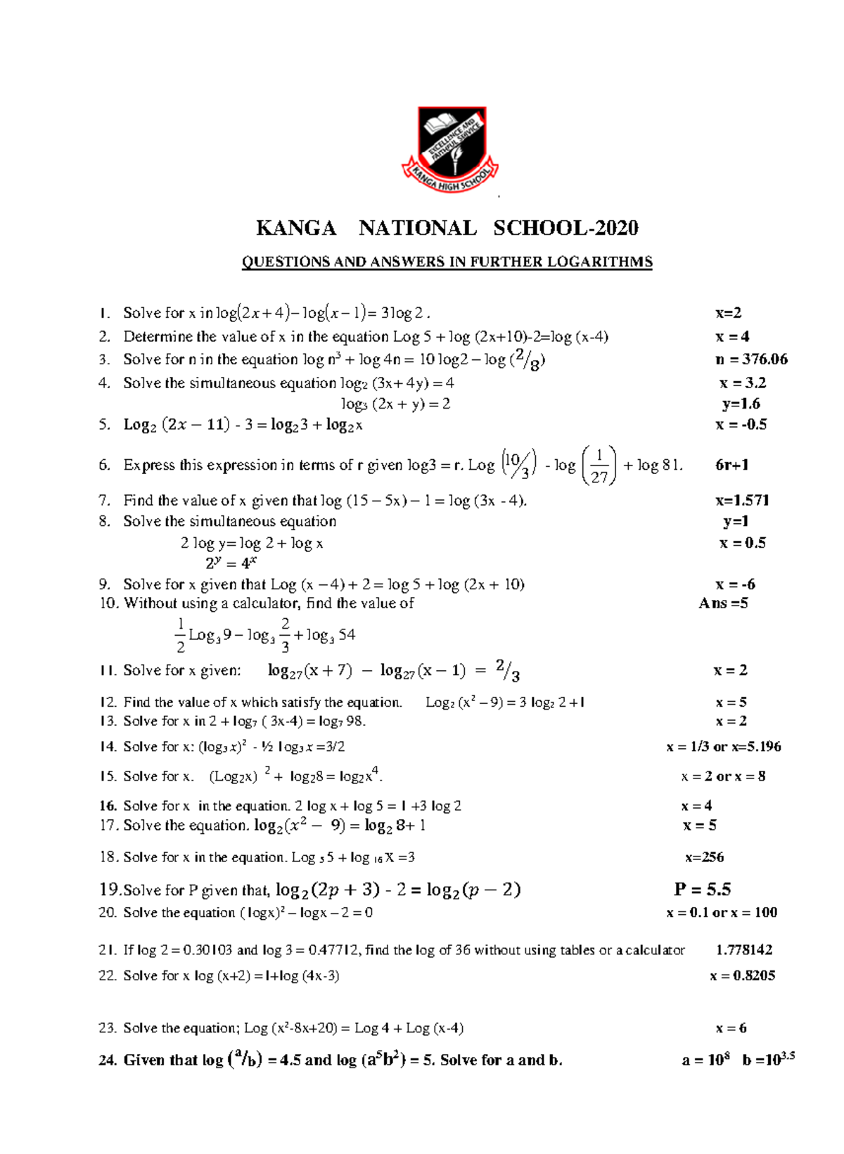 Further Logs Study Guide for KANGA NATIONAL SCHOOL - 2020 - Studocu
