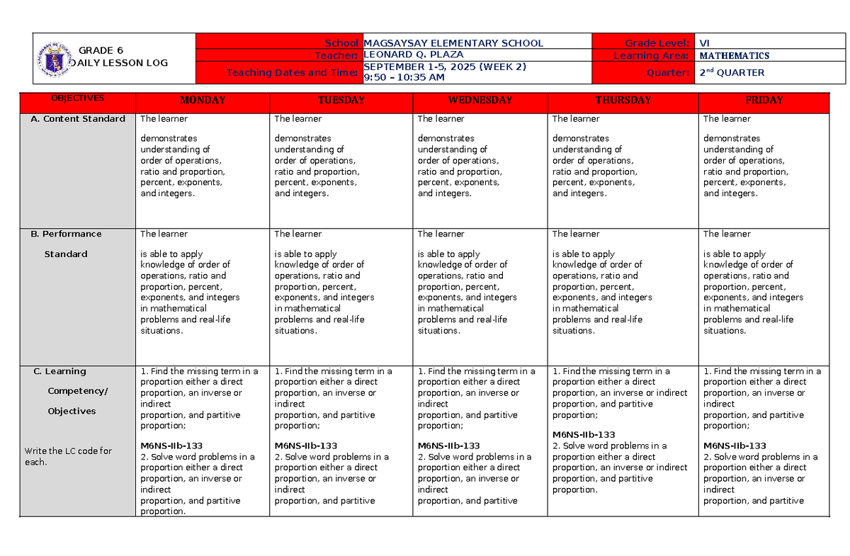 DLL MATH 6 Q2 W2 S.Y 2025-2026: Understanding Proportions and ...