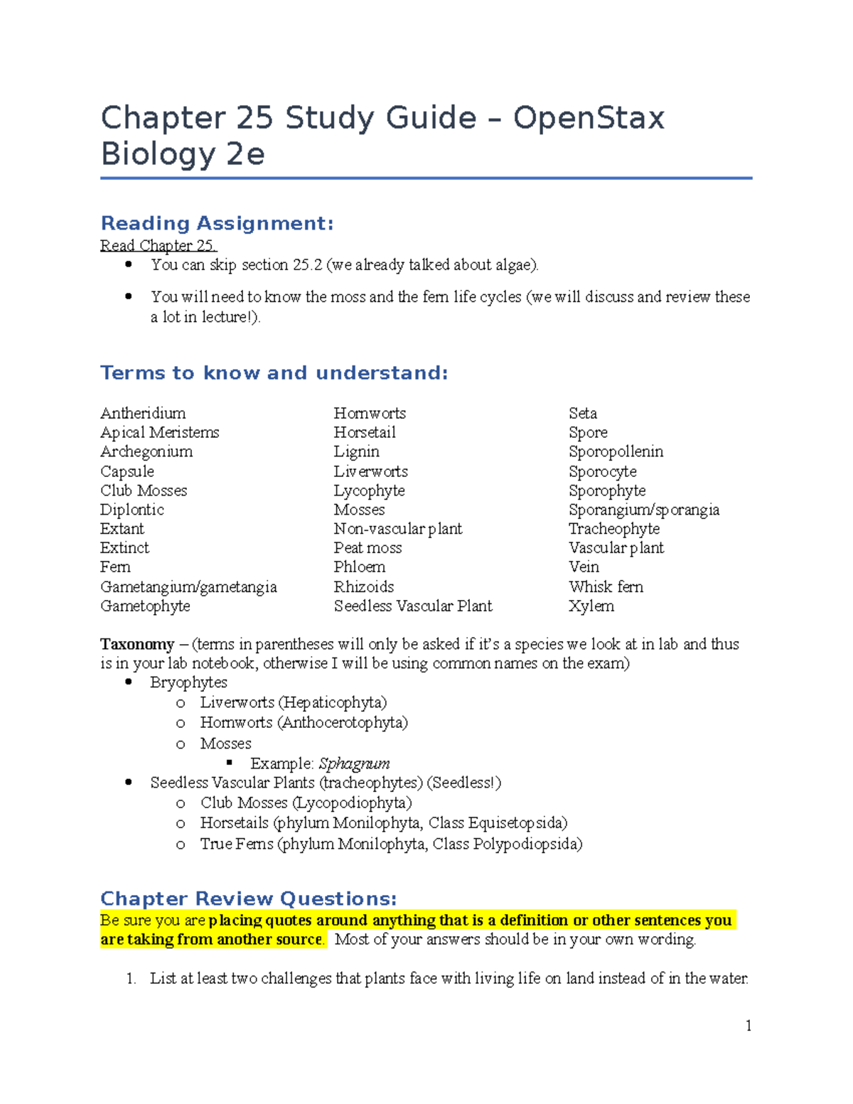 Biology 2e Chapter 25 Study Guide: Plant Life Cycles and Adaptations ...