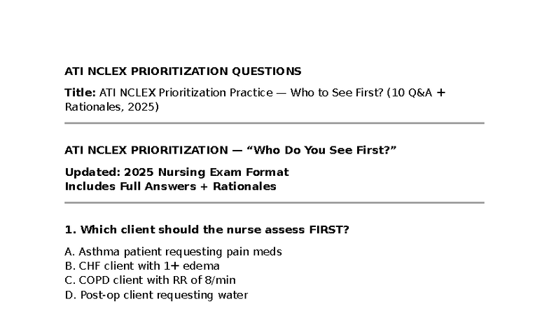 ATI NCLEX Prioritization Practice: Who to See First? (10 Q&A, 2025 ...