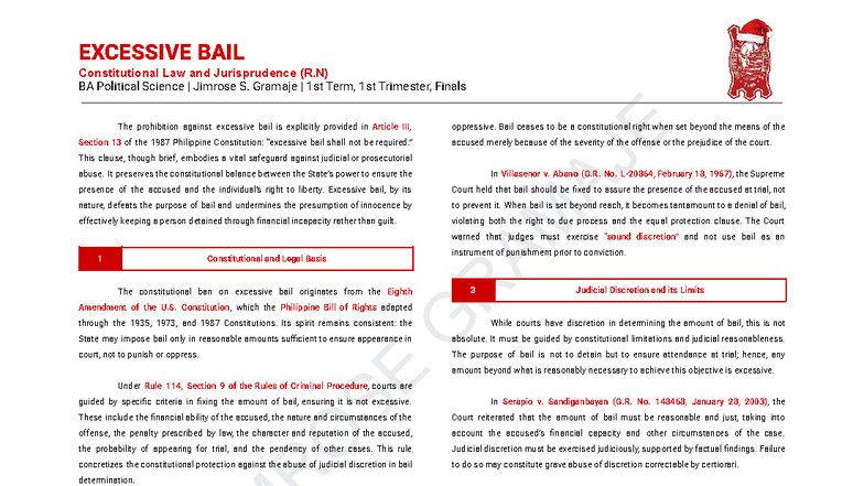 Excessive Bail in Constitutional Law (R.N) BA Political Science Finals ...