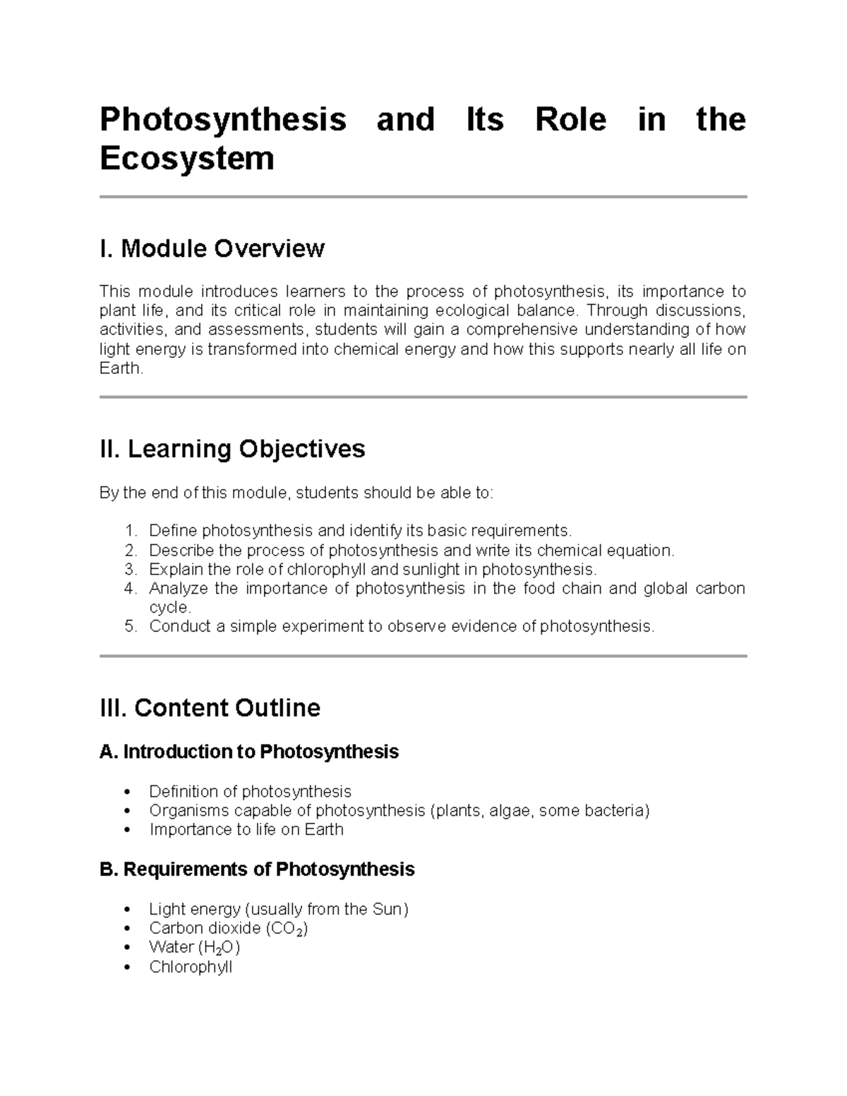 Photosynthesis and Its Role in the Ecosystem - Module Overview This ...
