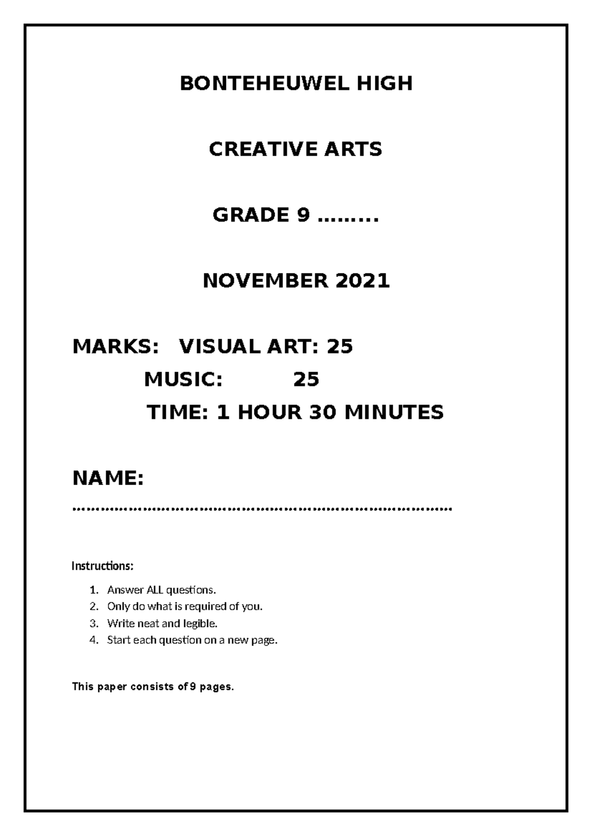 Grade 9 Creative Arts November 2021 Exam Paper: Visual Art & Music ...