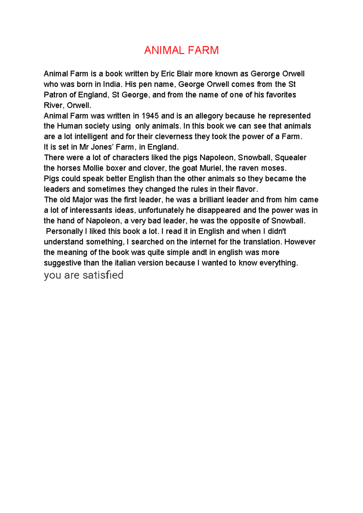 ANIMAL FARM: A Study of George Orwell's Allegory (ENG 101) - Studocu