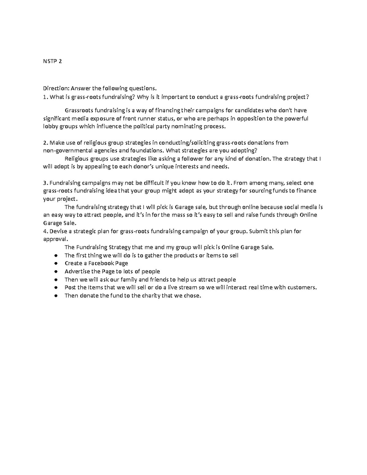 Grassroots Fundraising - NSTP 2 Direction: Answer the following ...