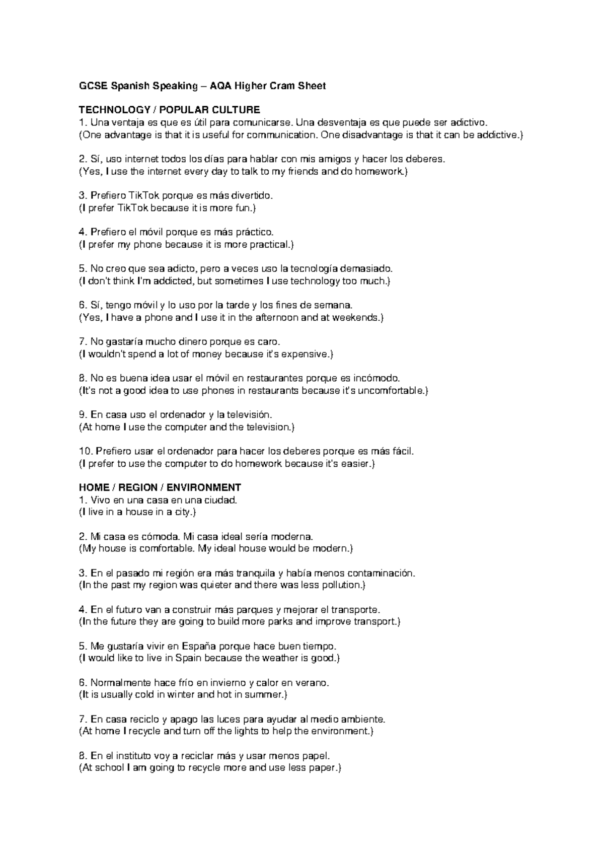 GCSE Spanish Speaking – AQA Higher Cram Notes on Topics - Studocu