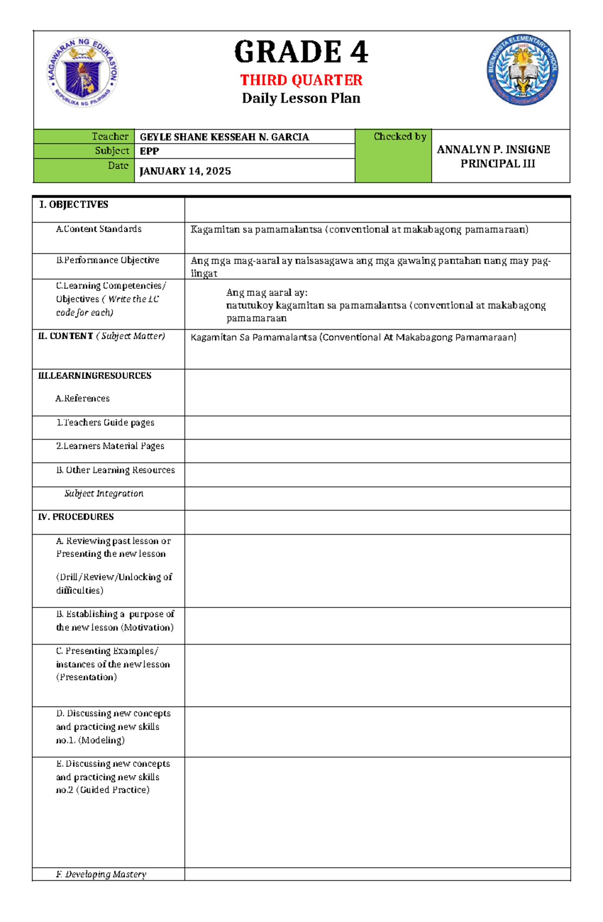 DLP-EPP Grade 4 Third Quarter Daily Lesson Plan - Studocu