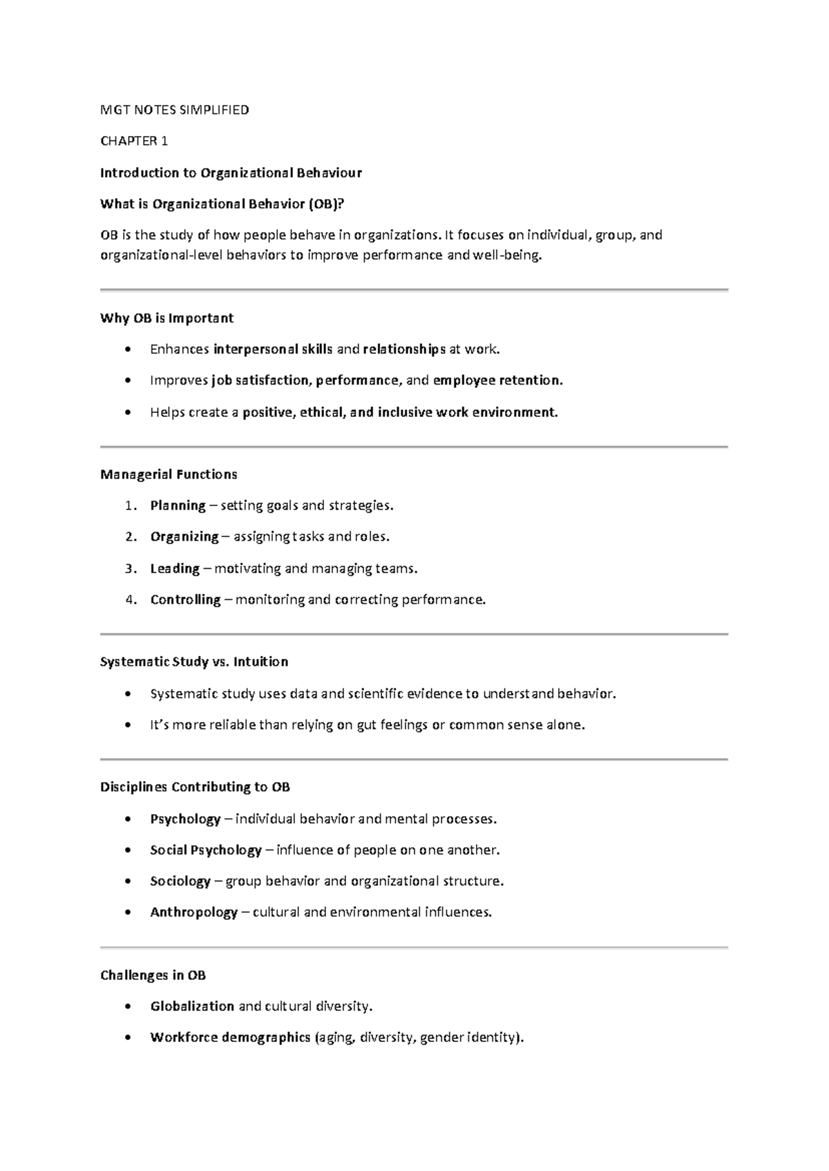 MGT 101 Final Exam Notes: Organizational Behavior Overview - Studocu