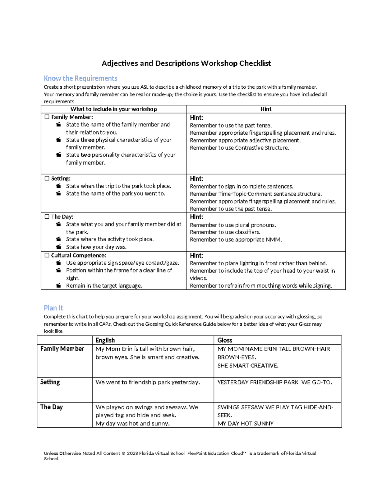 Adjectives and descriptions workshop checklist 2 - Adjectives and ...