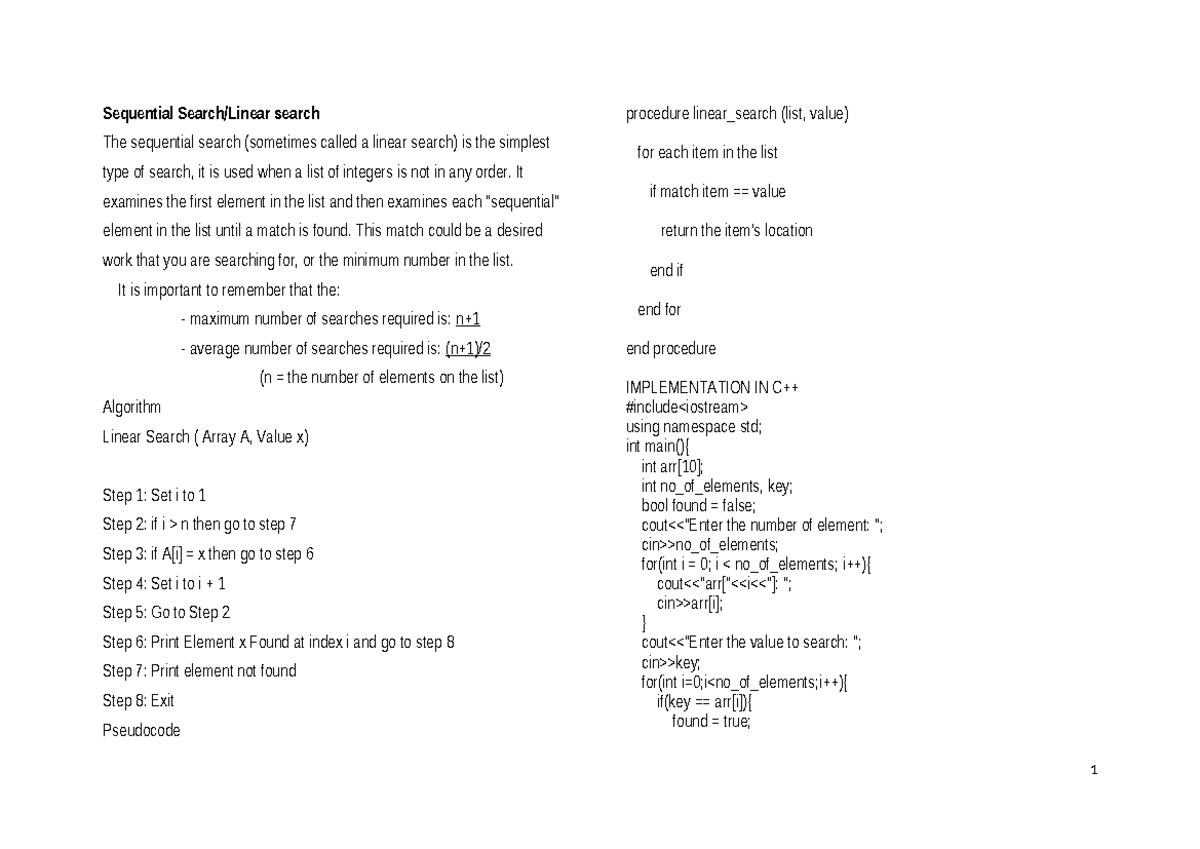 Searching and Sorting Algorithms: Linear vs Binary Search - Studocu