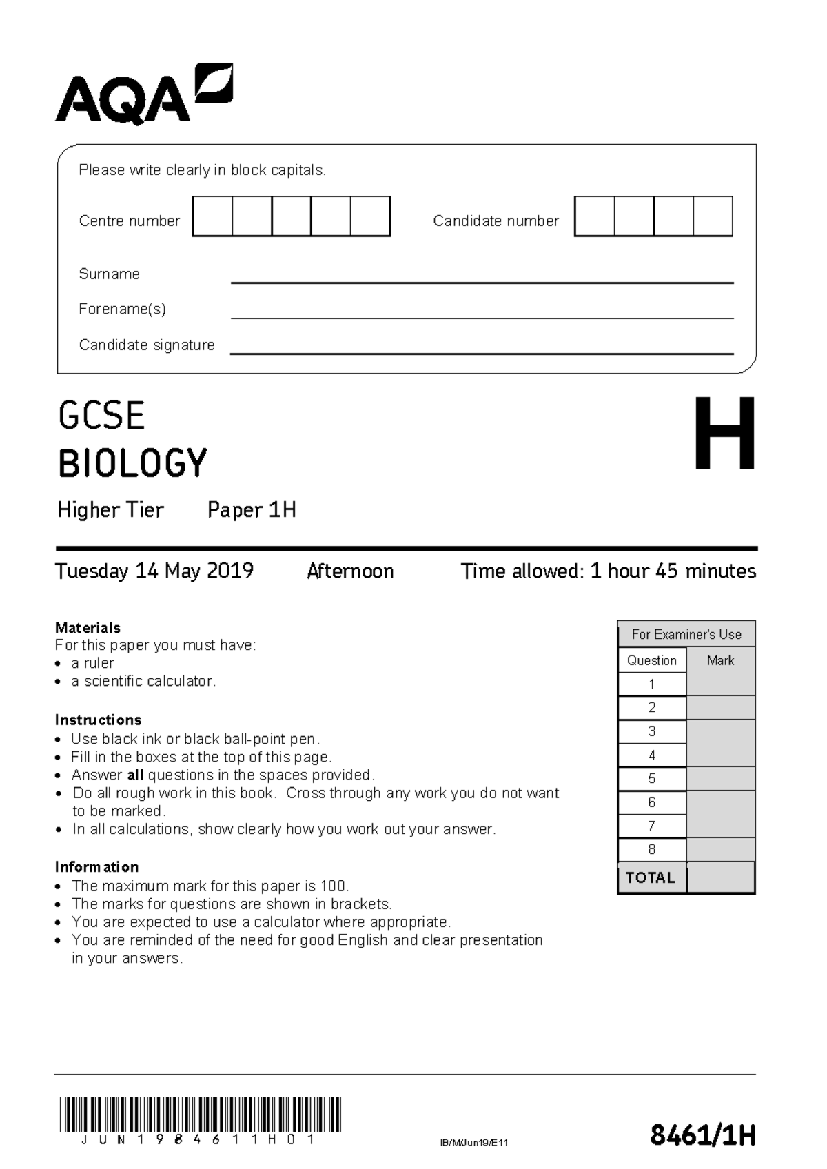 AQA GCSE Biology Higher Tier Paper 1 Exam - May 2019 - Studocu