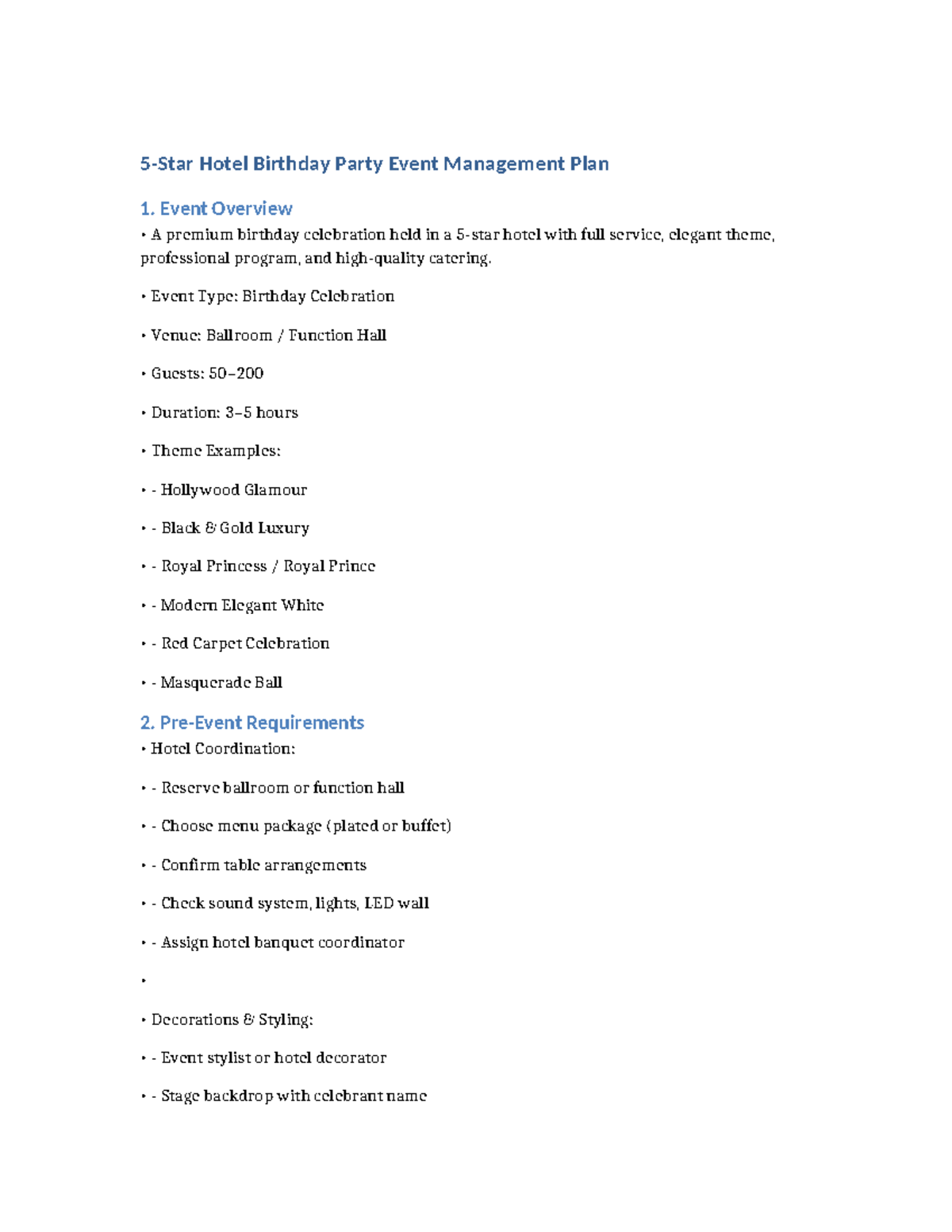 5 Star Hotel Birthday Party Event Management Plan - Studocu