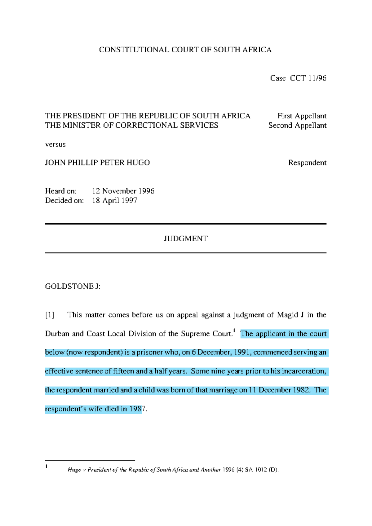RSA v Hugo - case - CONSTITUTIONAL COURT OF SOUTH AFRICA Case CCT 11 ...