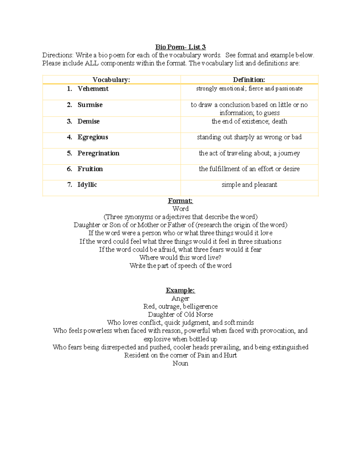 Bio Poem- List 3 - list of vocabulary - Bio Poem- List 3 Directions ...