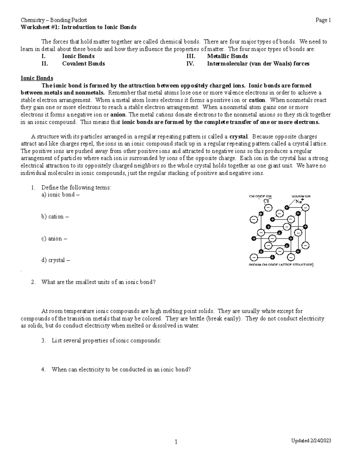 Bonding packet 1 - chem - Worksheet #1: Introduction to Ionic Bonds The ...