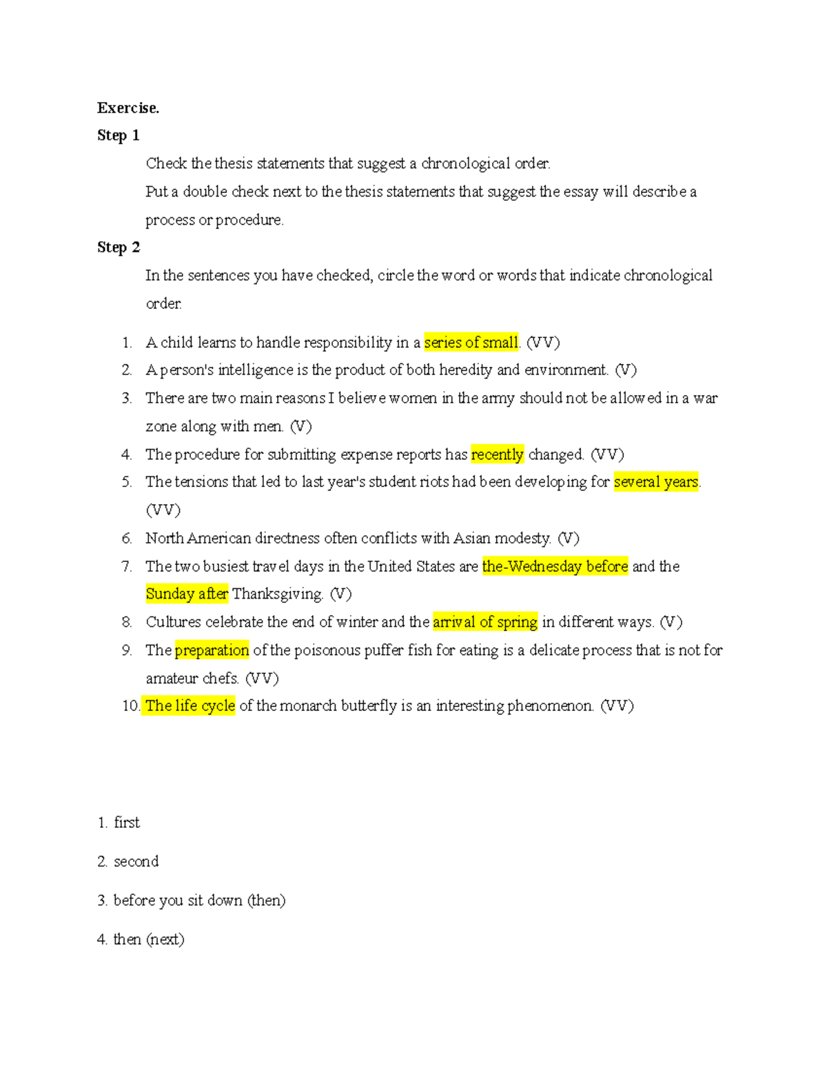 Exercise on Thesis Statements: Identifying Chronological Order and ...