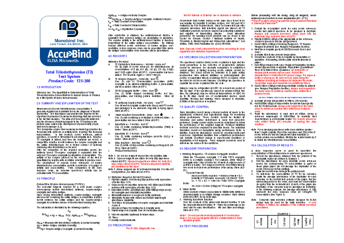 Total T3 - Total Triiodothyronine (T3) Test System Product Code: 125- 1 ...