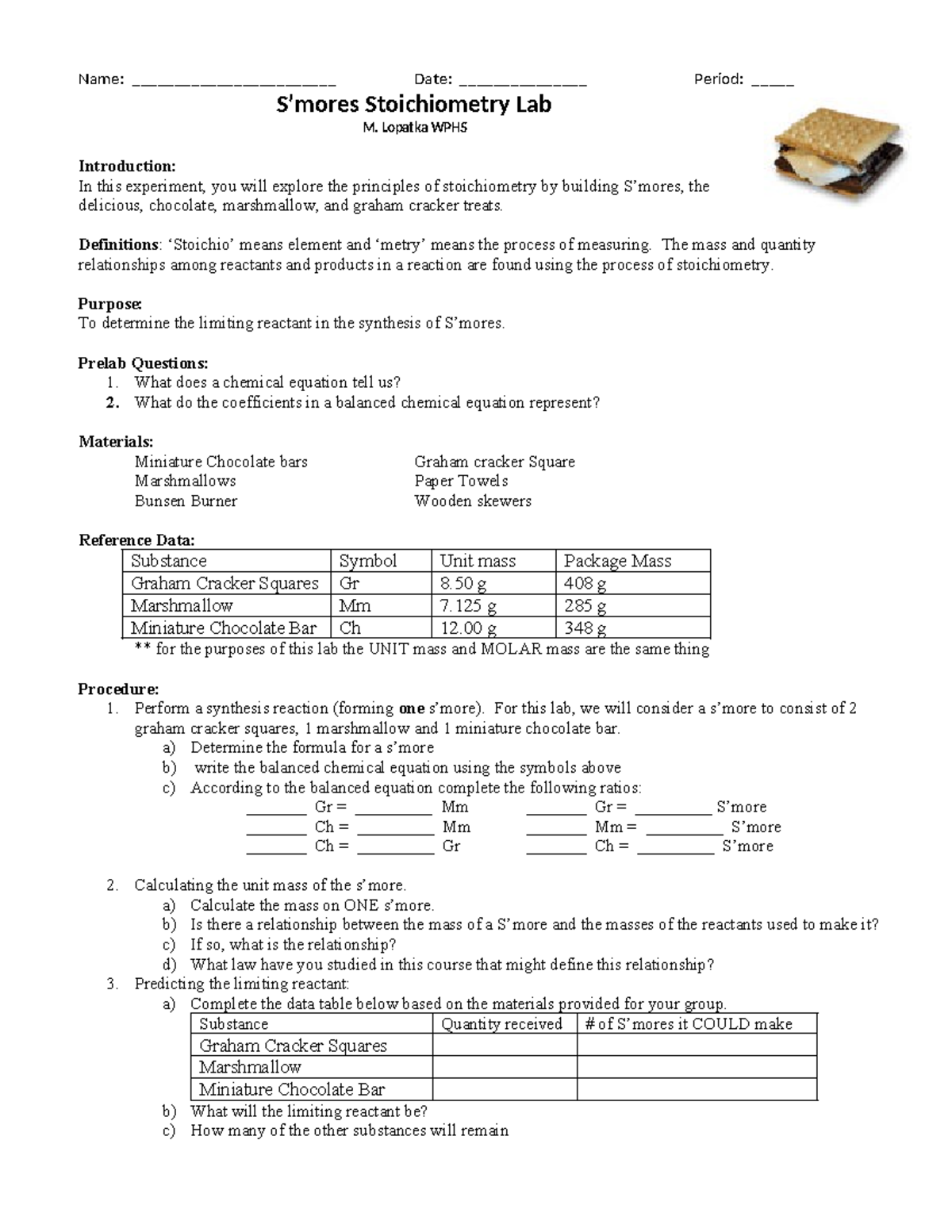 S'mores Stoichiometry Lab (Chem 101: Exp on Limiting Reactants) - Studocu