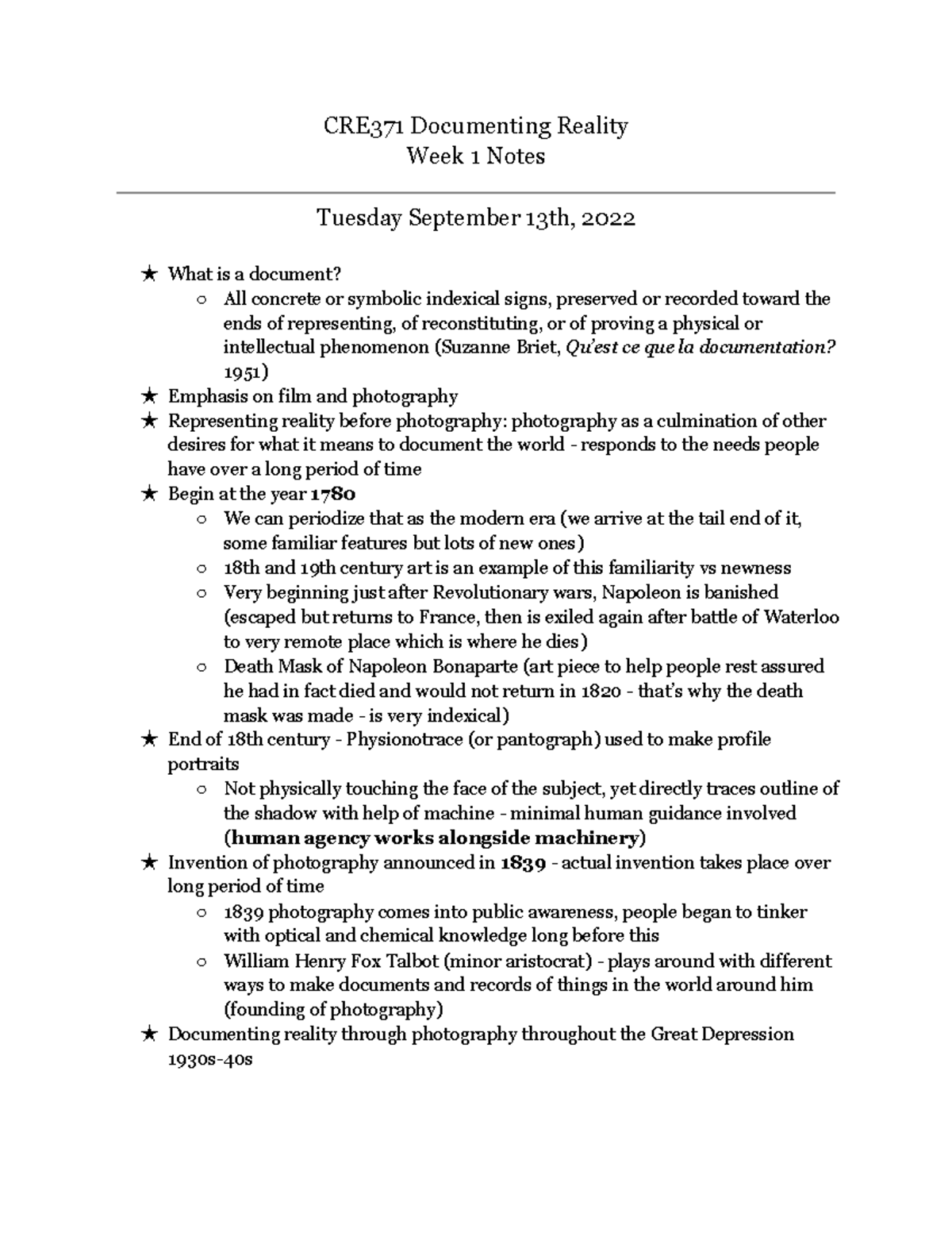 CRE371 Lecture Notes - Week 1: Documenting Reality Overview - Studocu