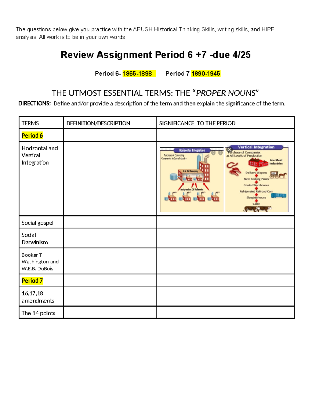 APUSH Review Assignment: Historical Thinking Skills for Periods 6 & 7 ...