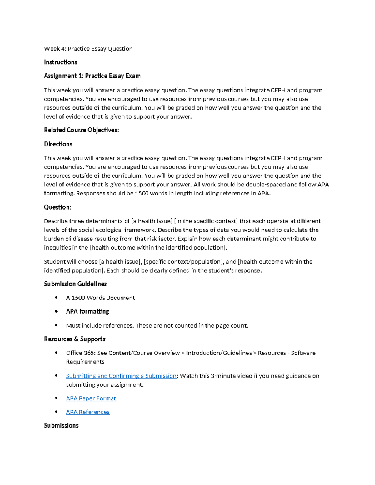 Week 4: Practice Essay Exam Instructions for Assignment 1 - Studocu