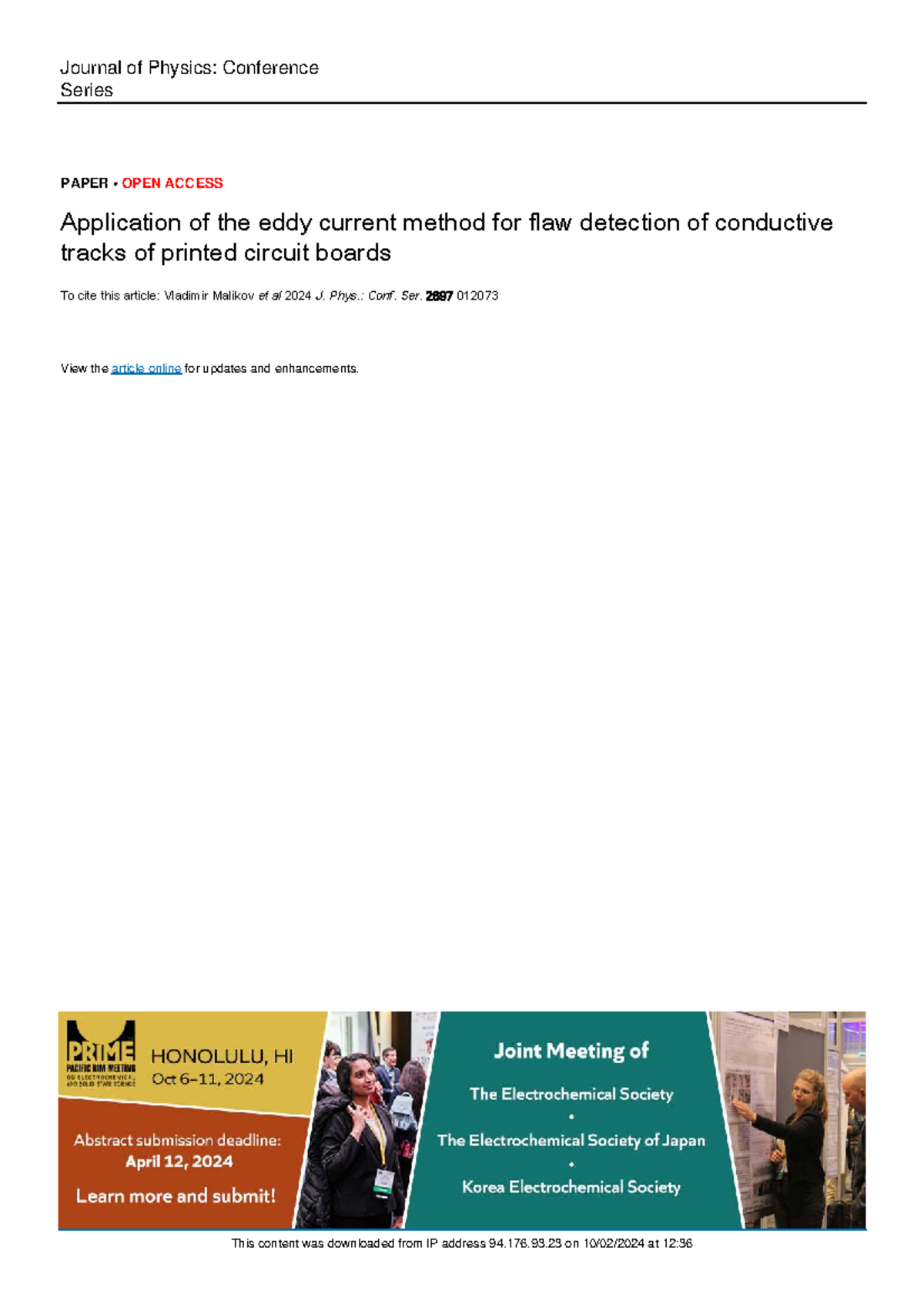 Application of Eddy Current Method for PCB Flaw Detection (J. Phys ...