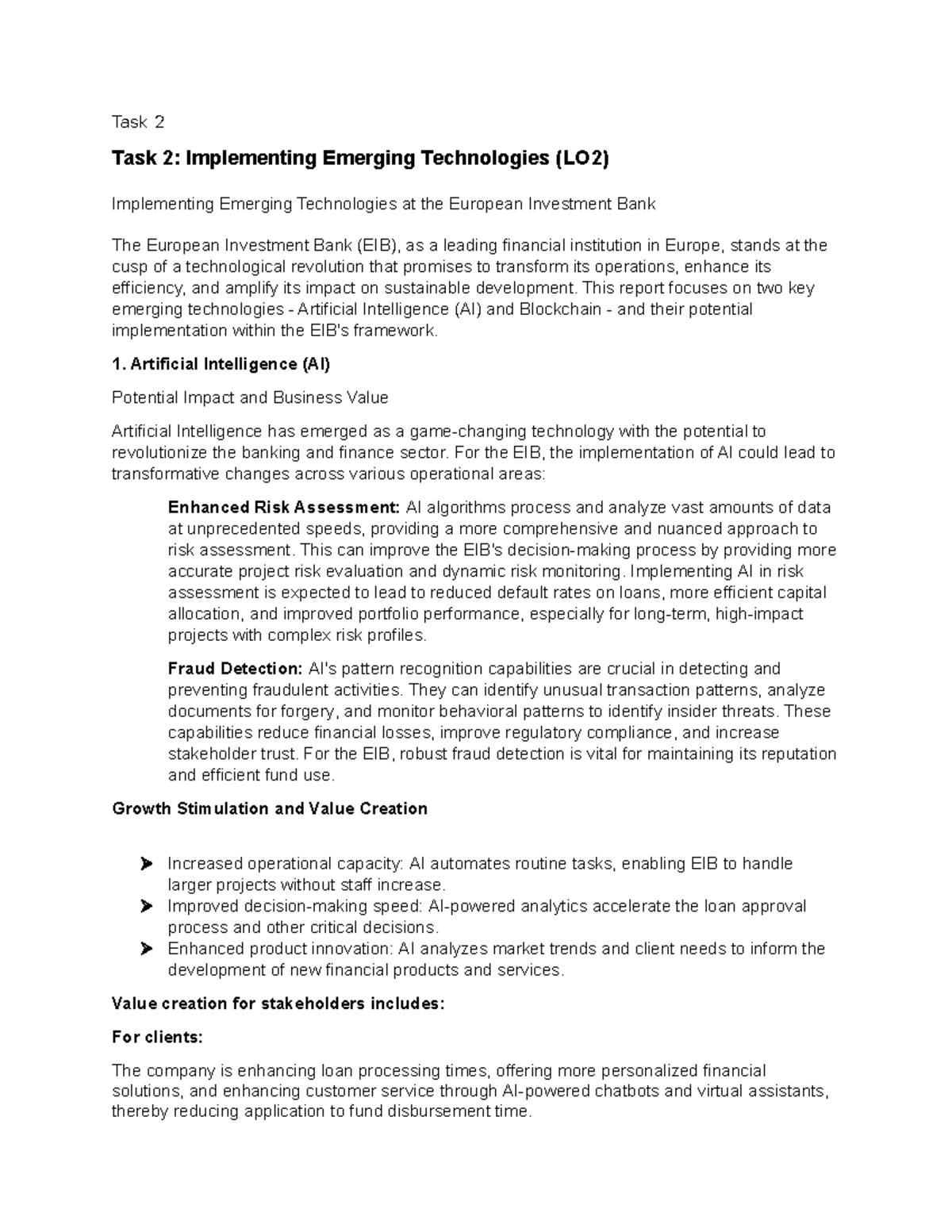 Implementing Emerging Technologies at EIB - Task 2 Assignment - Studocu