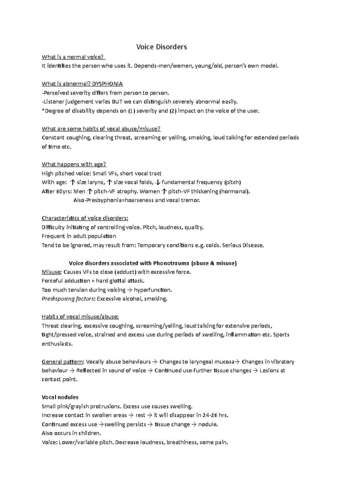 Voice Disorders Overview: Insights for Final Exam (Week 2) - Studocu