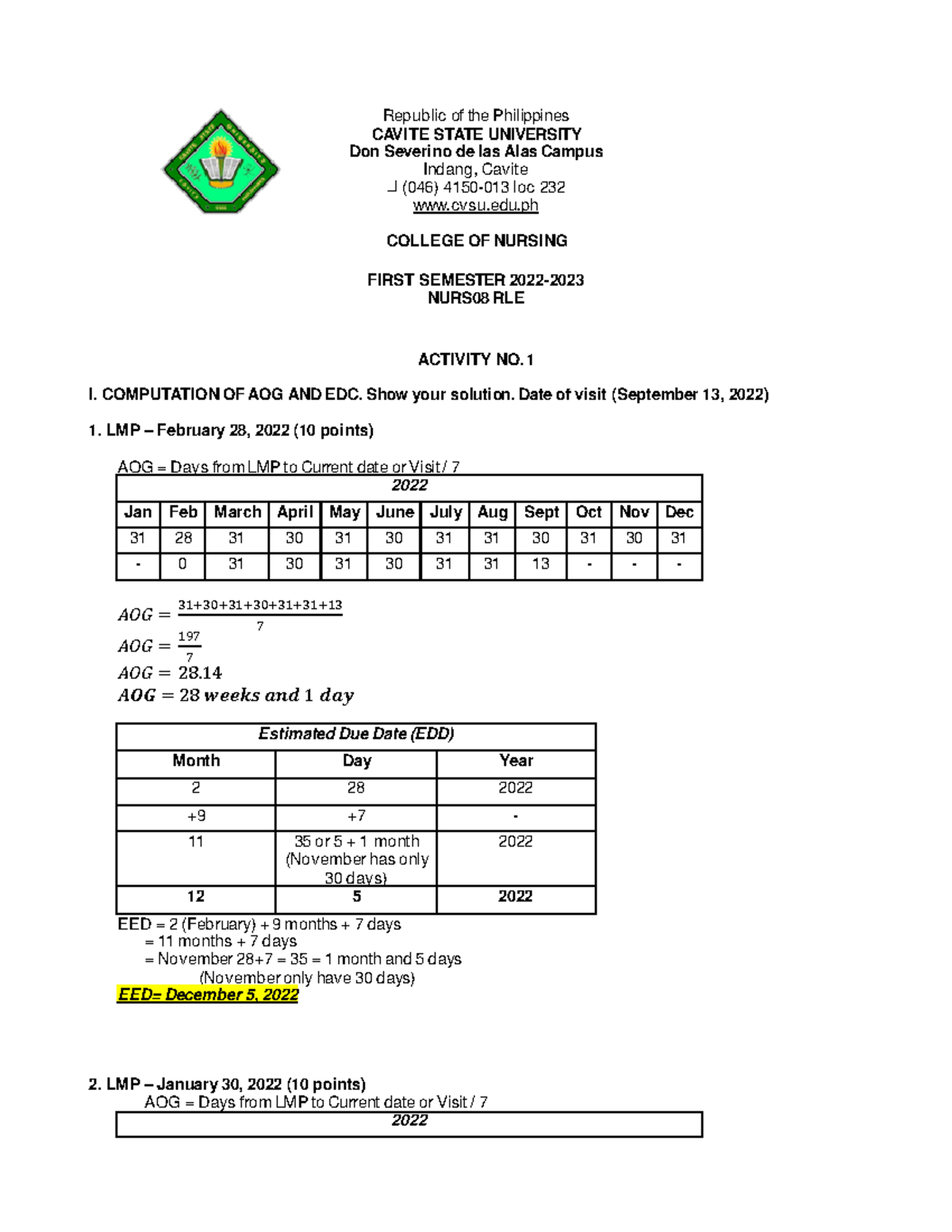 NURS08 RLE Activity No. 1: AOG and EDD Computation Guide - Studocu