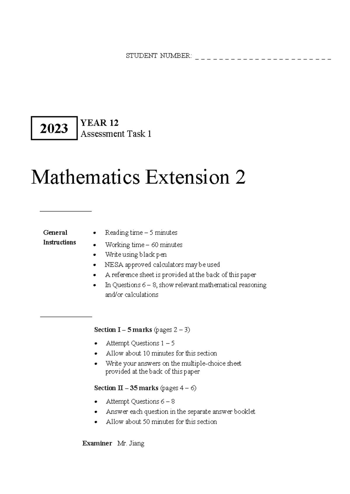 2023 HSC Mathematics Extension 2 Assessment Task 1 - Studocu