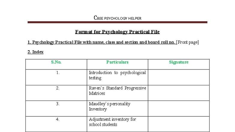 CBSE PSYCHOLOGY HELPER: Practical File Guidelines for Class XII - Studocu