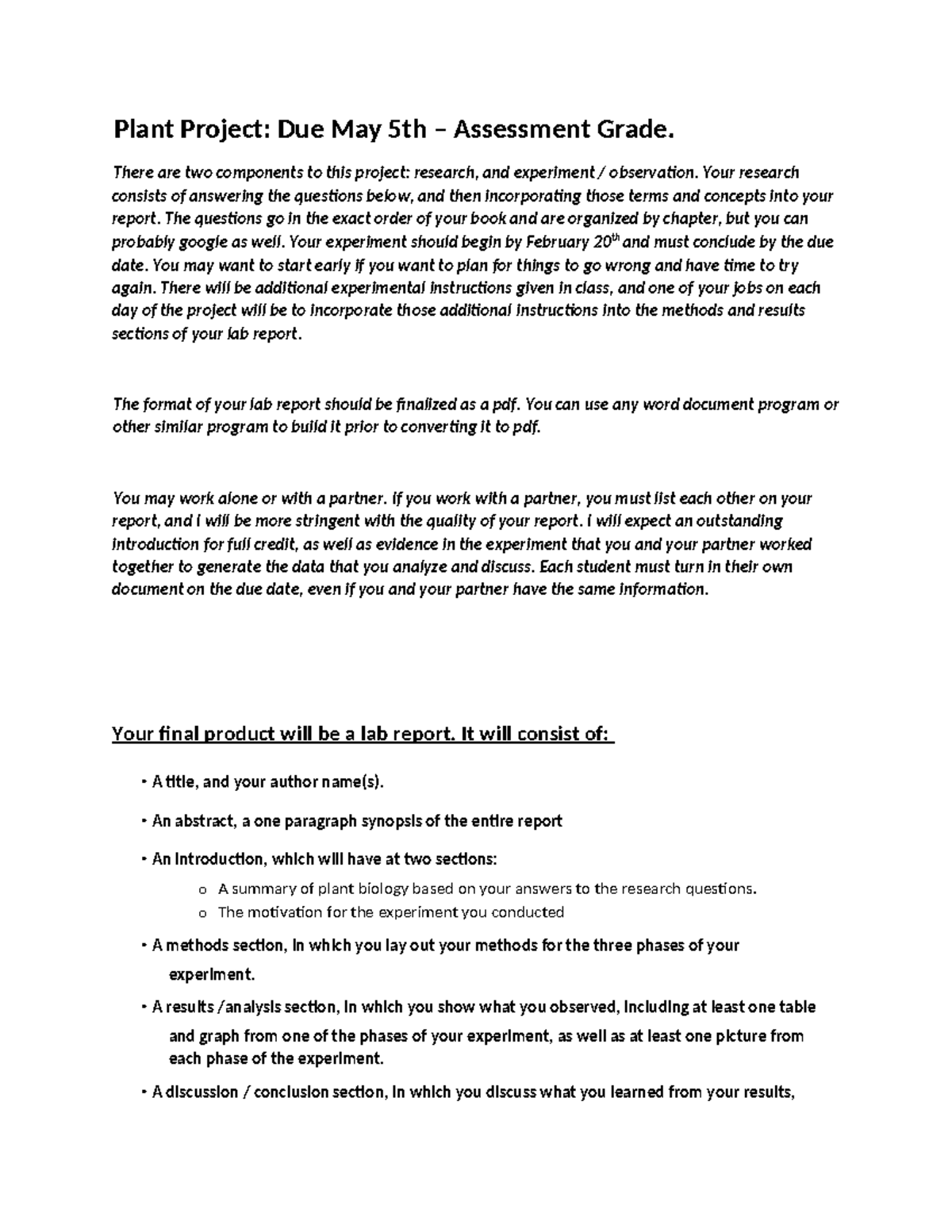 Dual Credit Biology Plant Project 2024 - Plant Project: Due May 5th ...