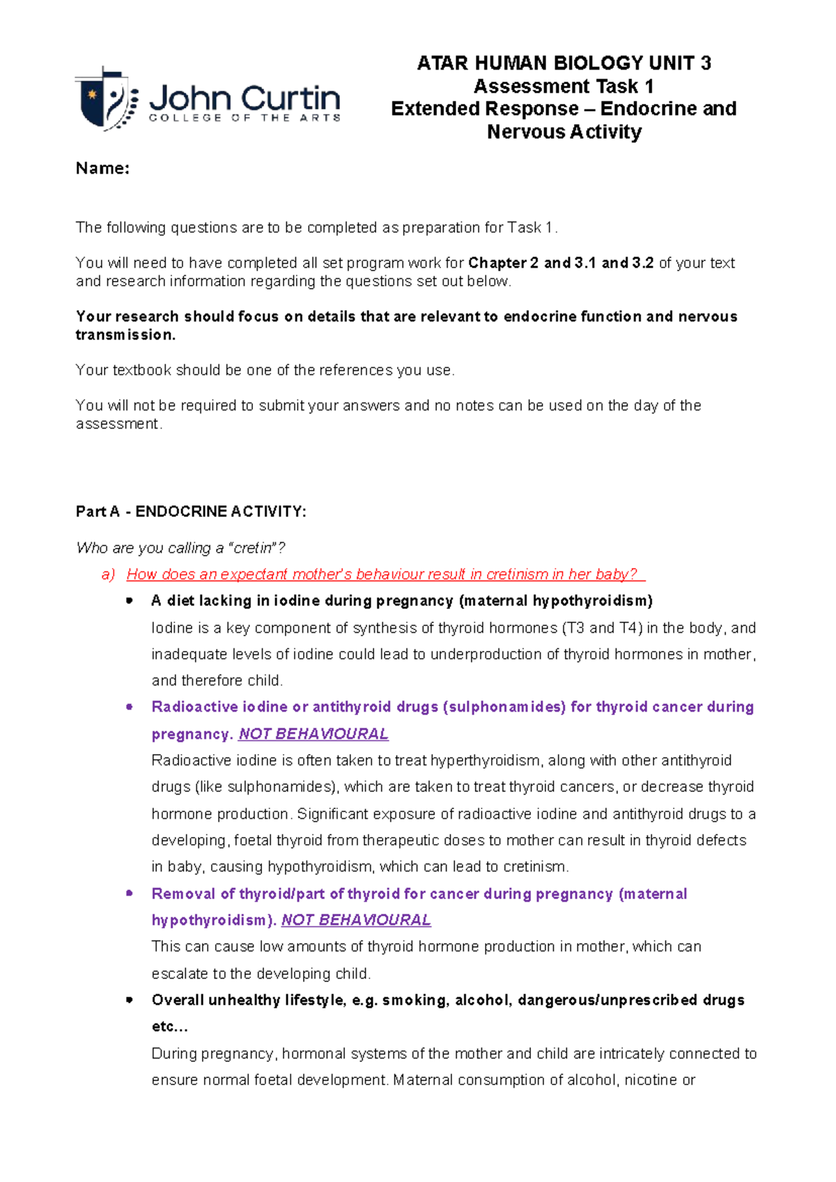 ATAR HUMAN BIOLOGY UNIT 3 Task 1 Extended Response: Endocrine & Nervous ...