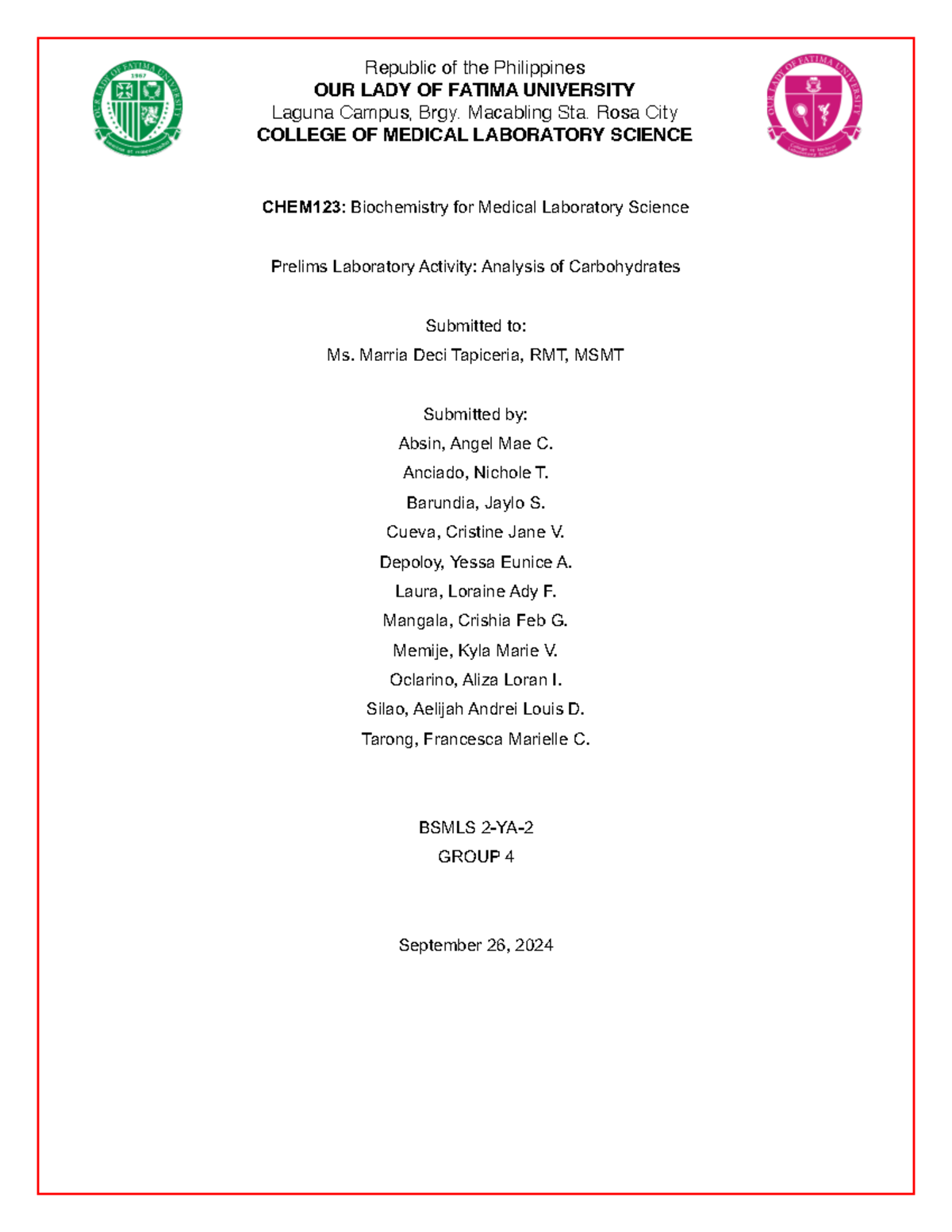 Biochem Laboratory-Activity-Analysis-of-Carbohydrates - OUR LADY OF ...
