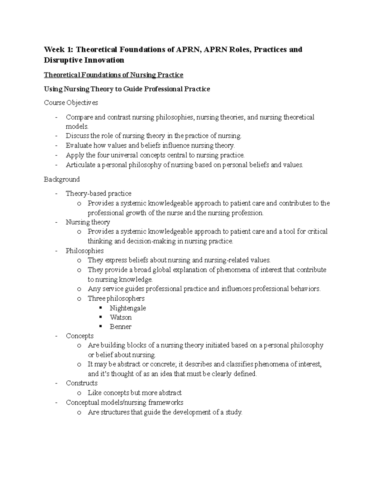 Week 1 Nursing Theories - Foundations of APRN Practice Notes - Studocu