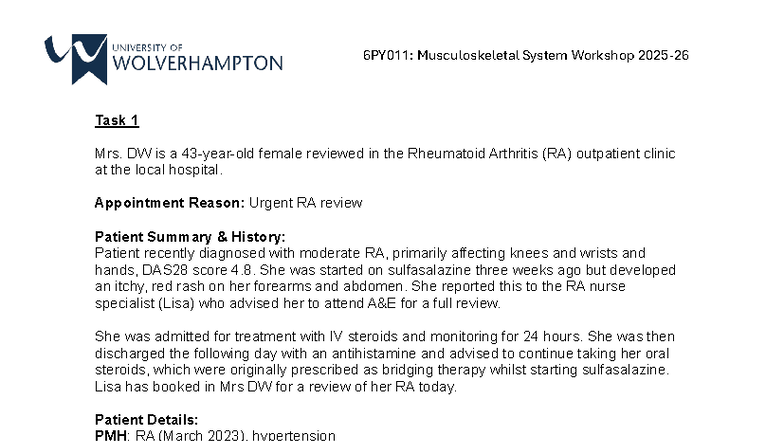 6PY011: RA Case Study - Workshop Task 1 Analysis of Mrs. DW - Studocu