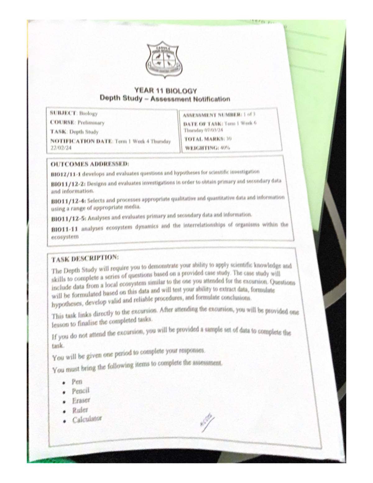 YEAR 11 Biology - Depth Study Assessment Notes for Term I - Studocu