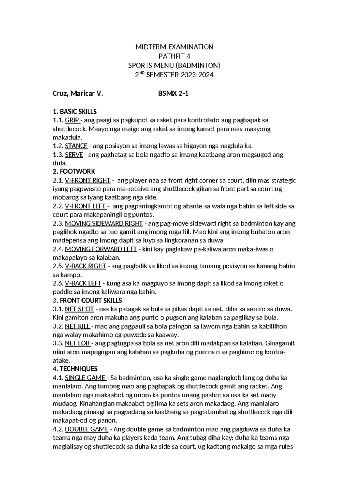 PE Badminton Skills - Midterm Exam Review for PATHFIT 4 - Studocu